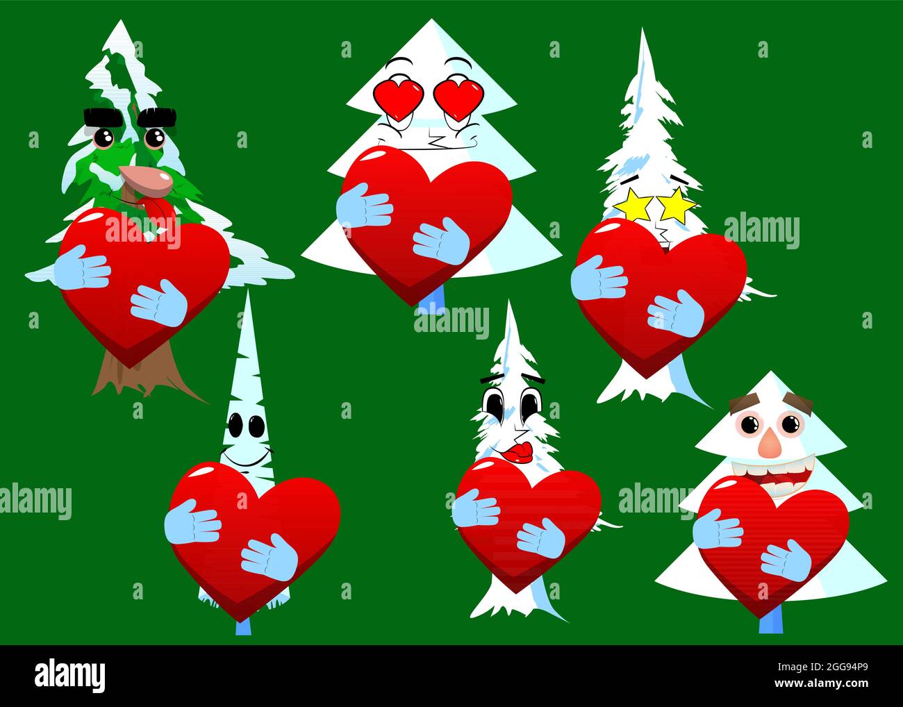 Cartoon winter pine trees with faces hugging big red heart. Cute forest ...