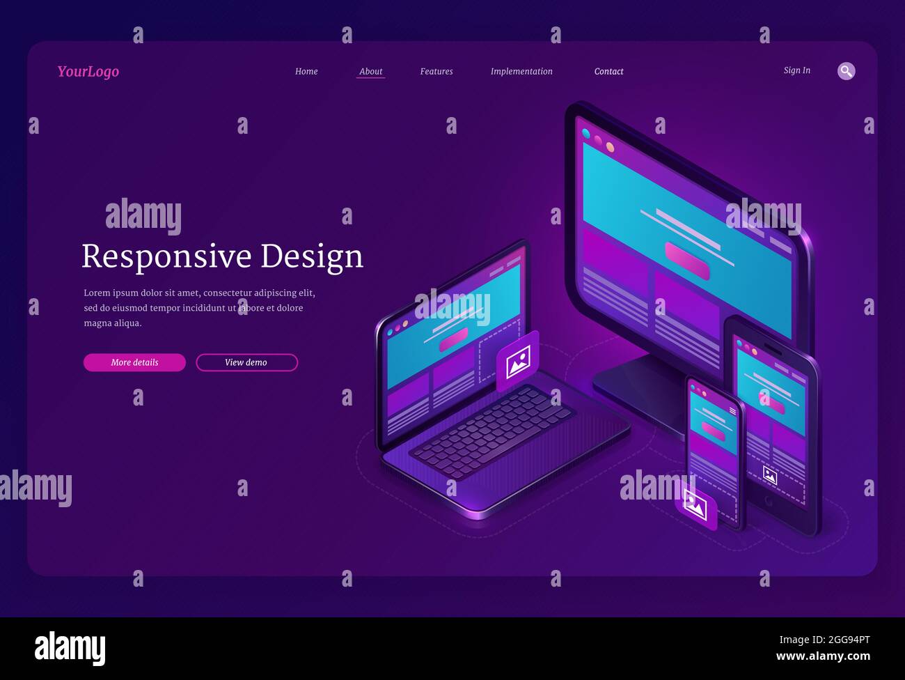 Responsive design isometric landing page. Adaptive user interface and ...