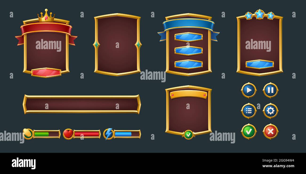 Set game frames and menu buttons cartoon interface. Empty borders with royal crown and banners ...