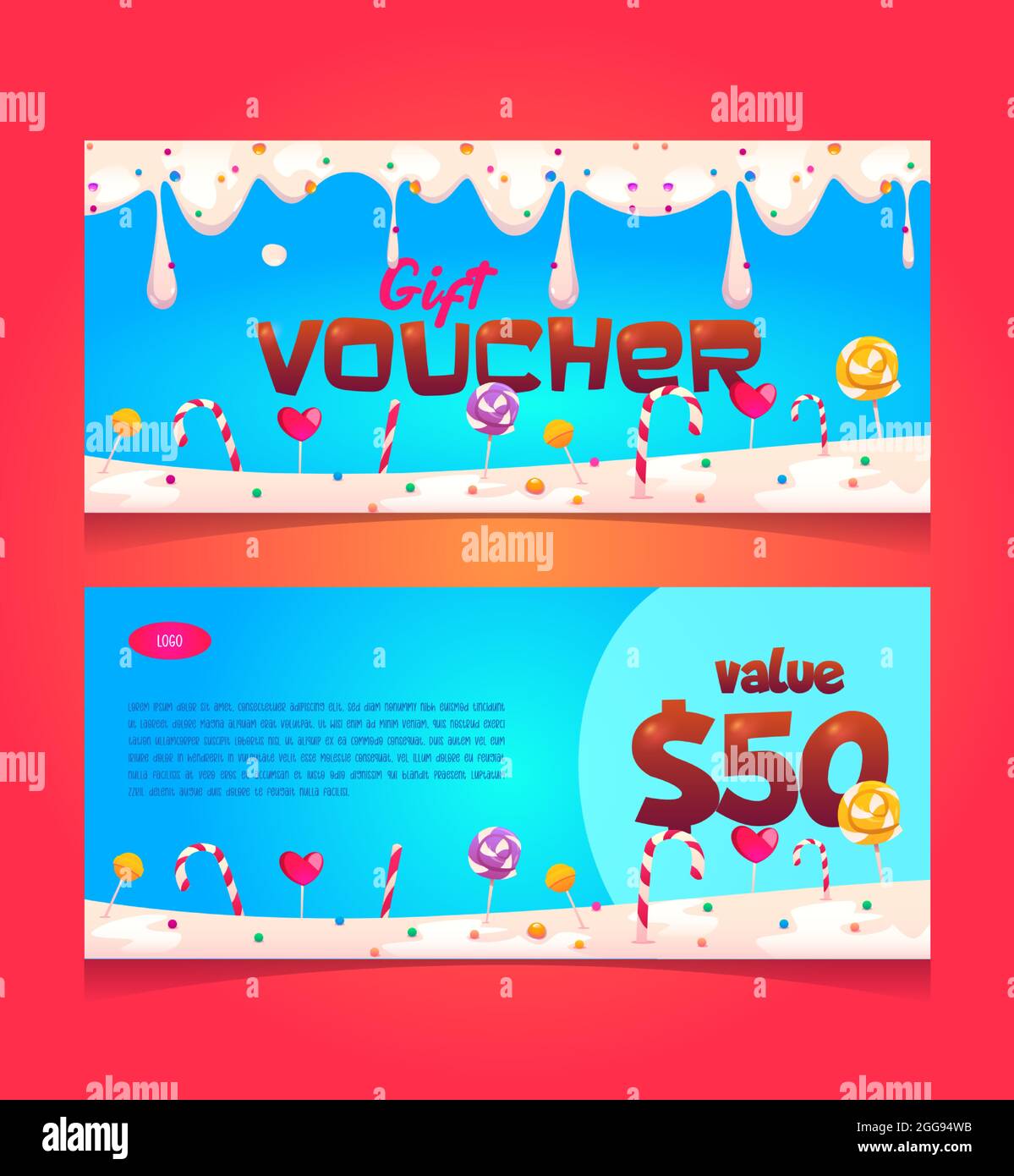Gift voucher, shopping certificate with sweets, candies, lollipops and ...