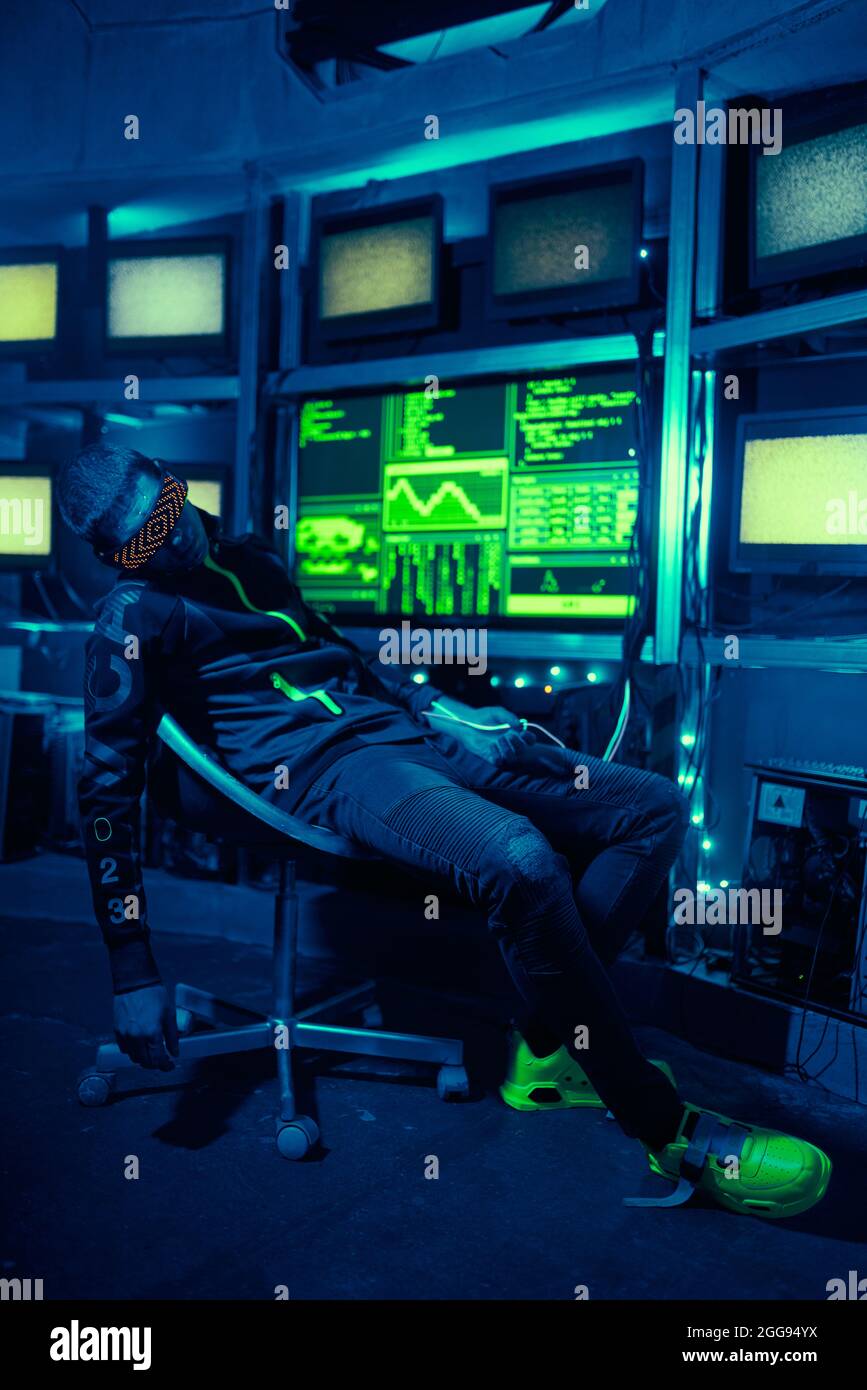 Cyber man has been in virtual reality for too long. Concept of cyber ...