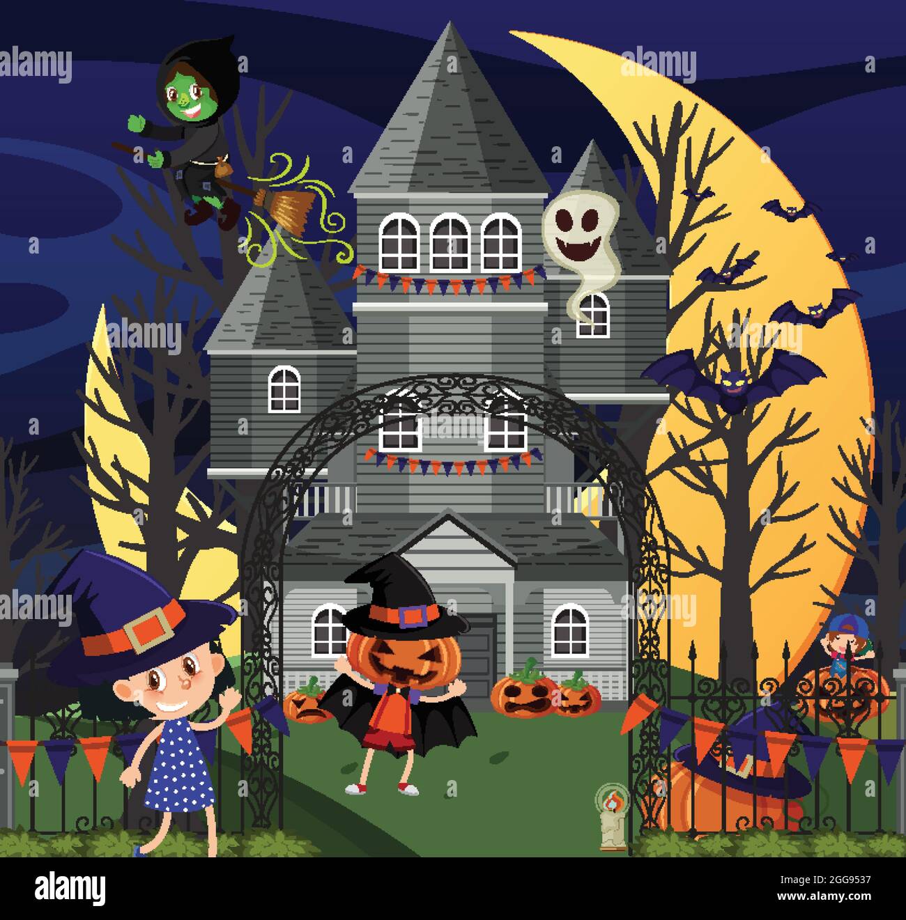 Haunted halloween mansion at night illustration Stock Vector Image ...