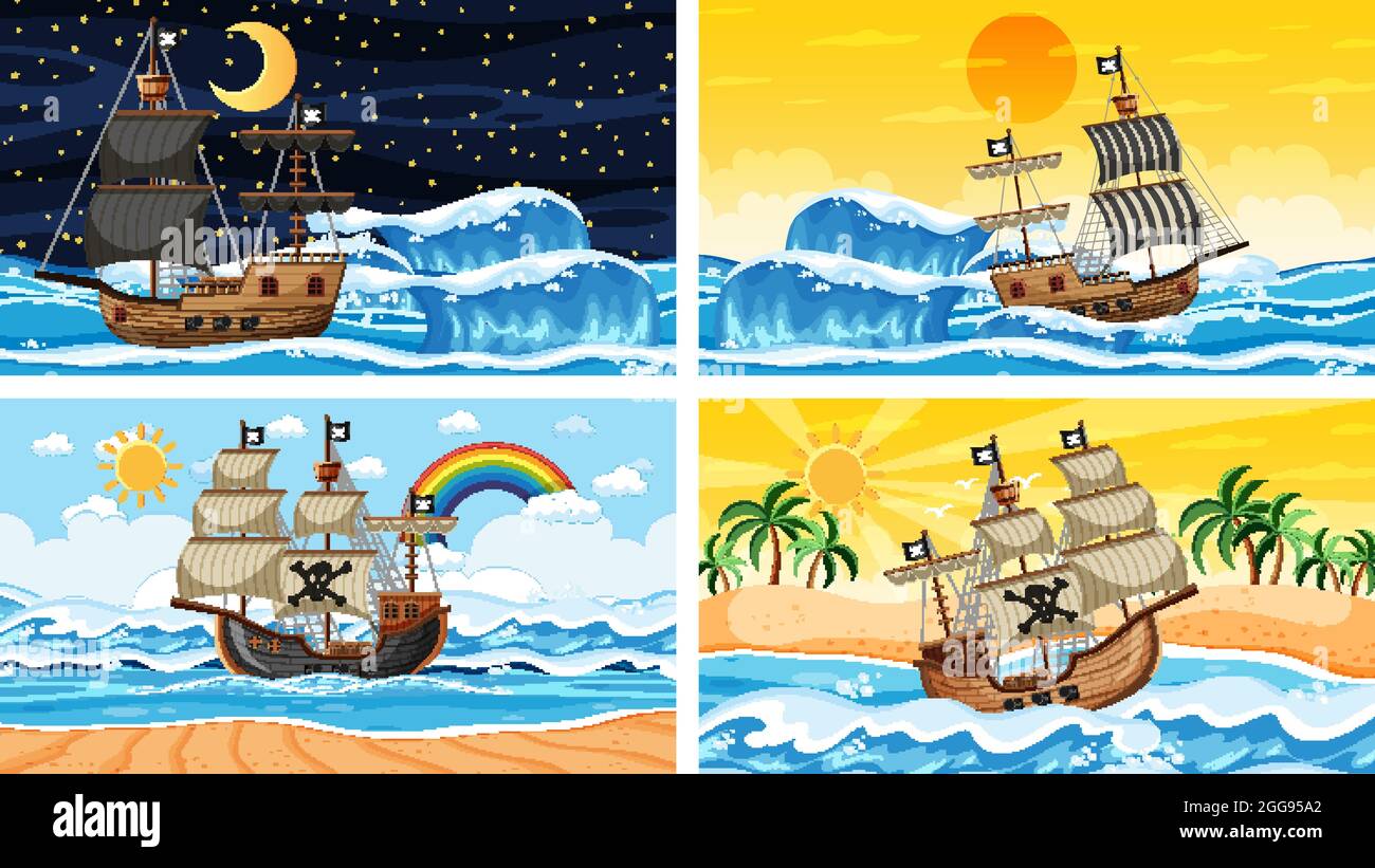Set of different beach scenes with pirate ship illustration Stock ...