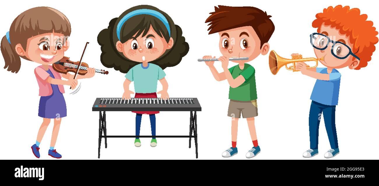 Set of different kids playing musical instruments illustration Stock ...
