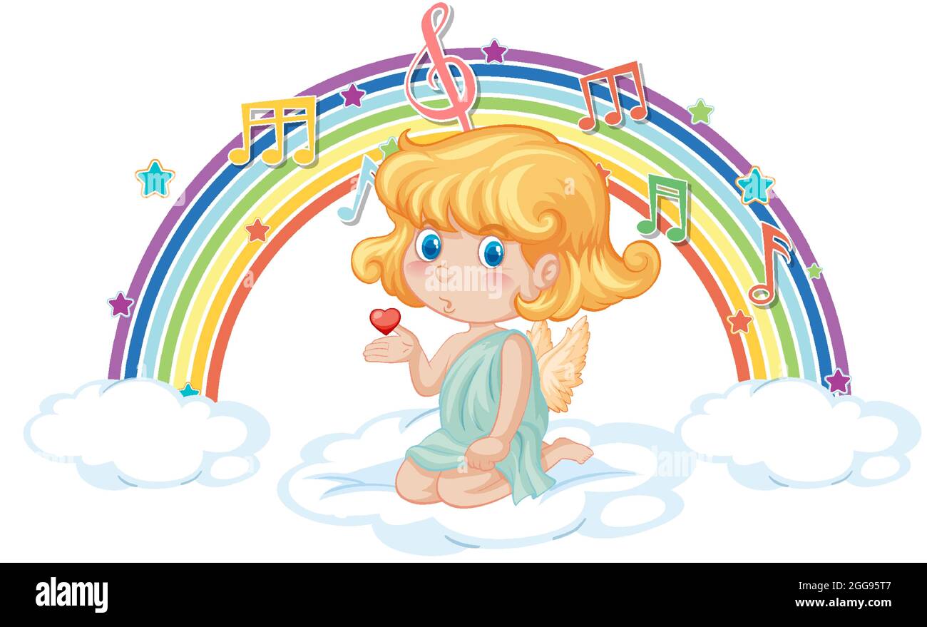 Cupid girl on the cloud with melody symbols on rainbow illustration ...