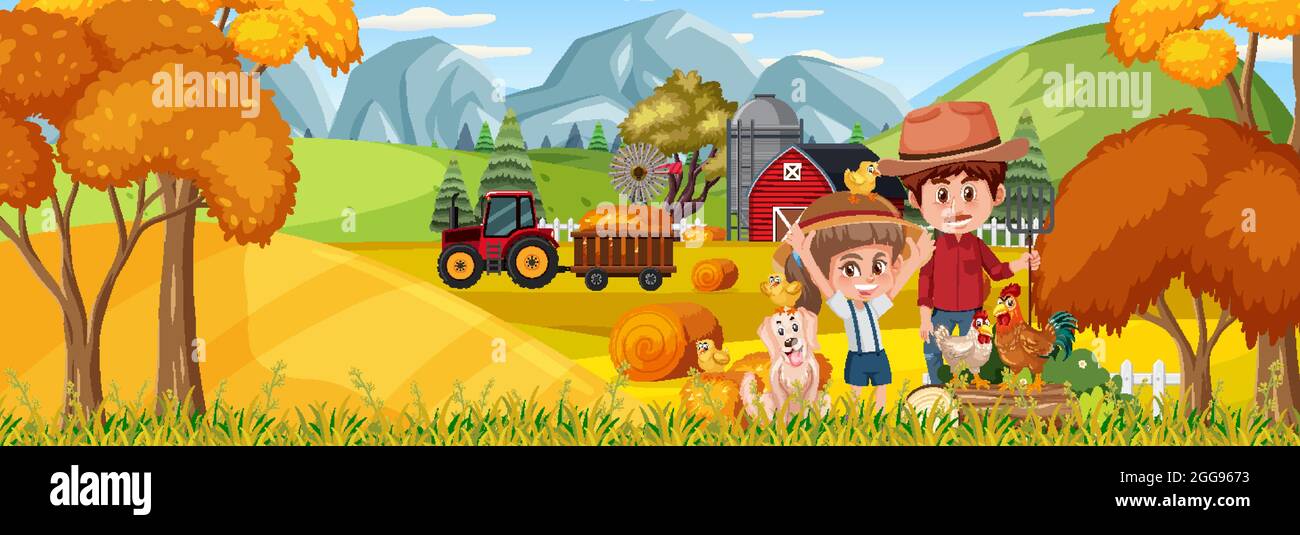 Farm horizontal landscape scene with farmer kids illustration Stock ...