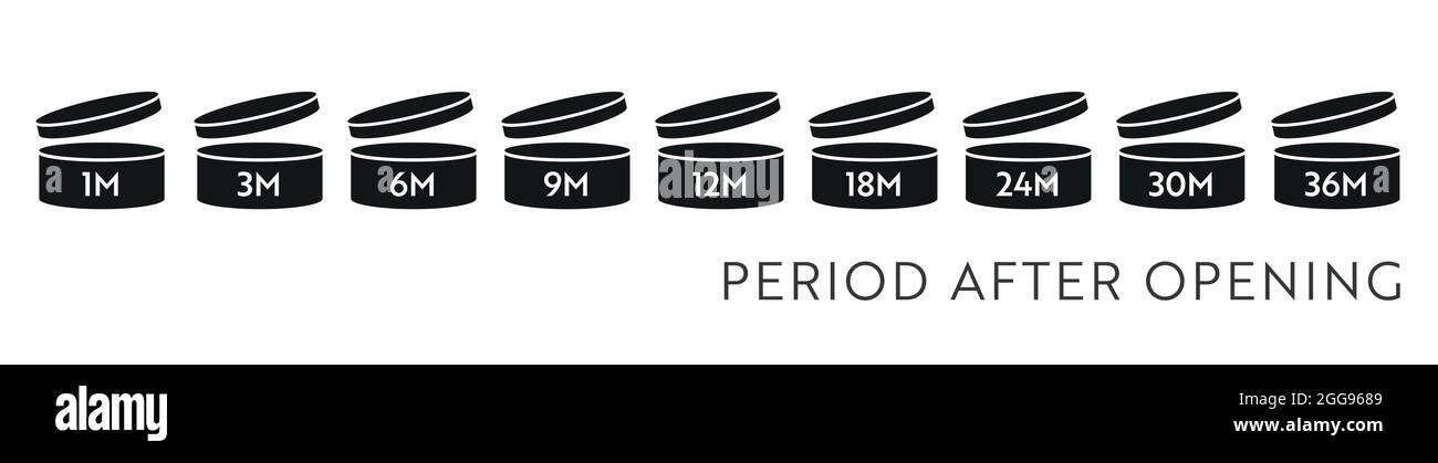 PAO vector dark icon set. Period after opening symbols. Can with open ...