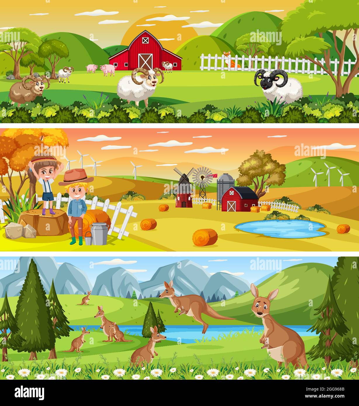 Set of different nature landscape at daytime scene with cartoon ...
