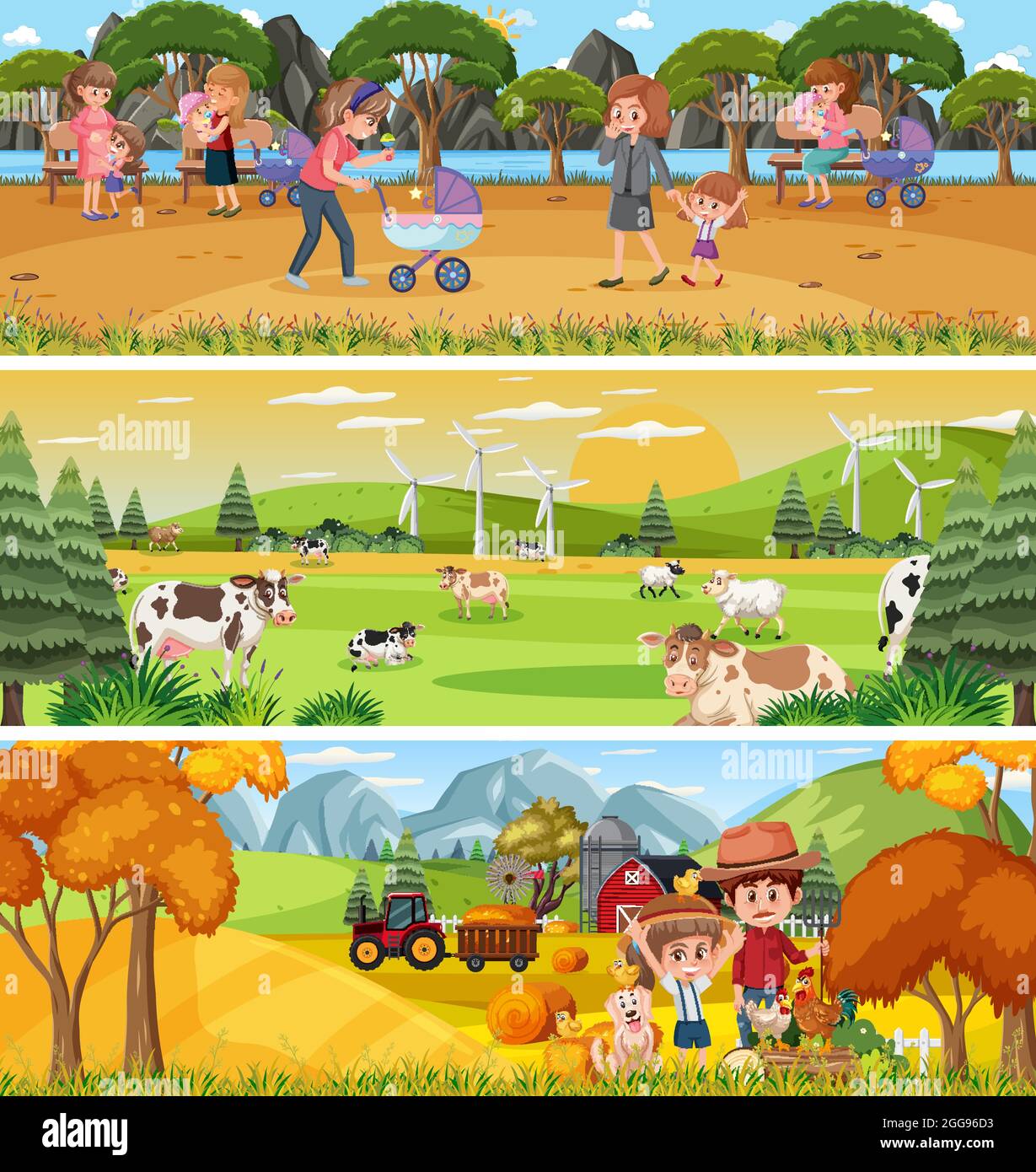 Different panoramic nature landscape set with cartoon character ...