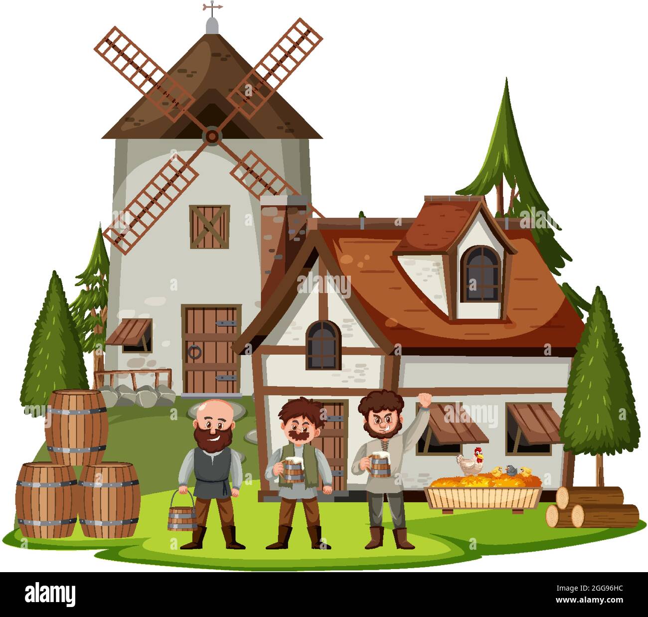 Medieval house with windmill and villagers illustration Stock Vector ...