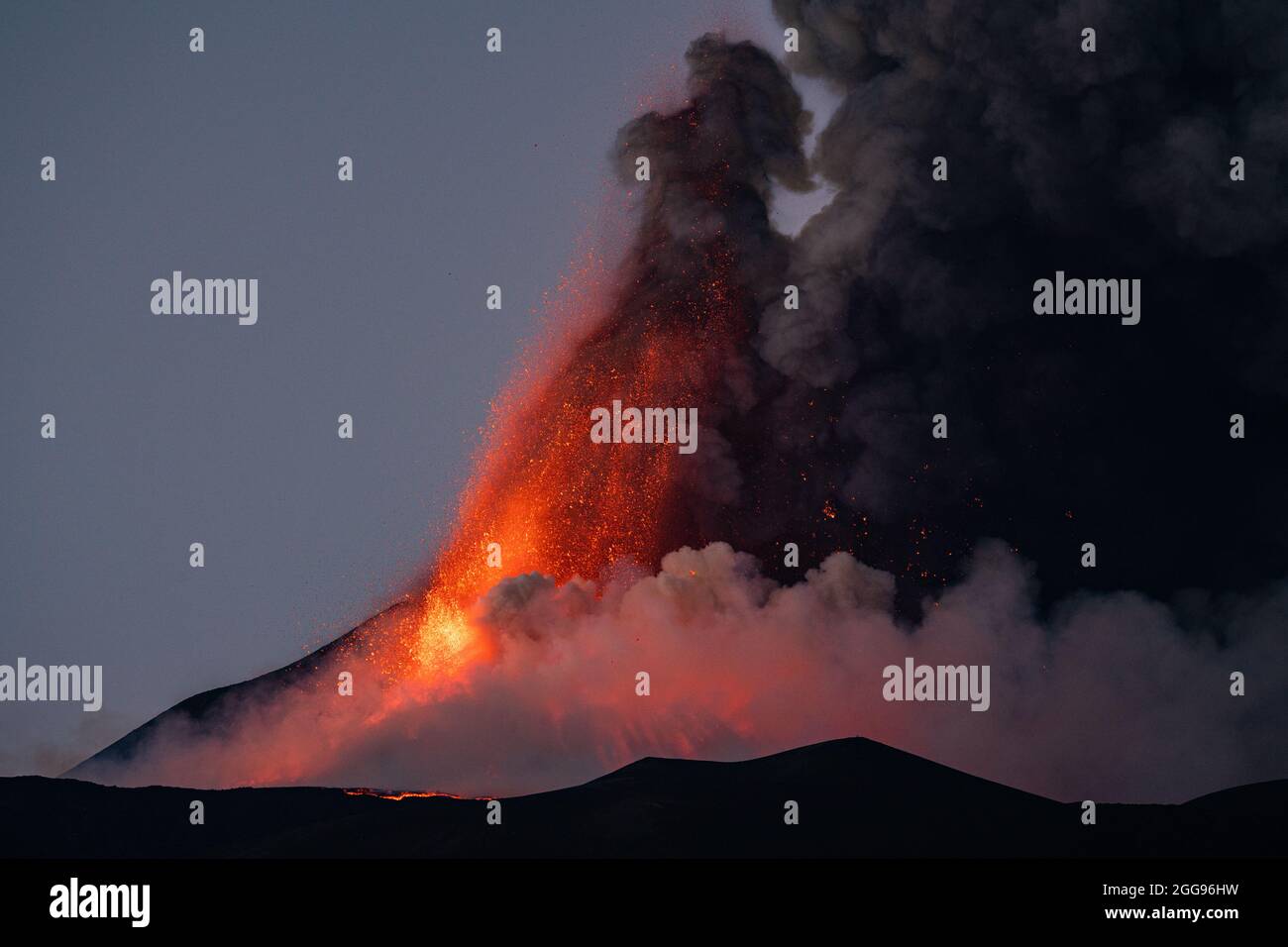 CATANIA, ETNA, ITALY - August 29, 2021: Eruption of the Etna volcano in ...