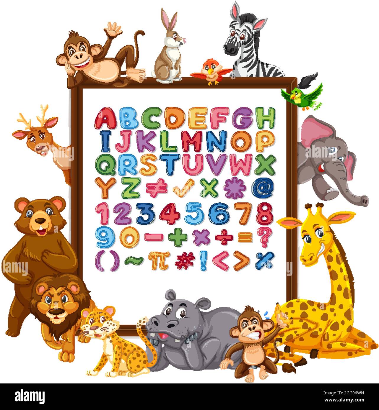 Alphabet A-Z and math symbols on a board with wild animals illustration ...