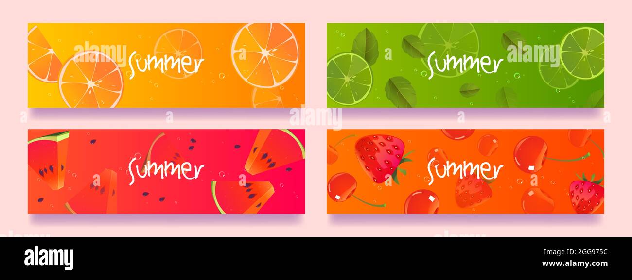 Summer fruits cartoon horizontal banners or bookmarks with fresh juicy ...