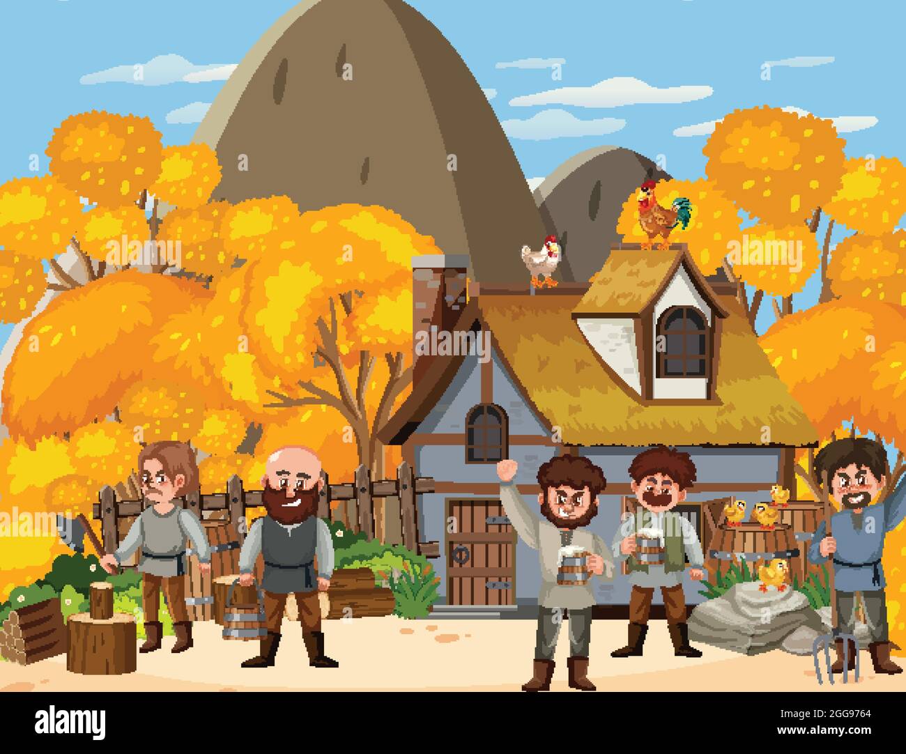 Medieval town scene with villagers illustration Stock Vector Image ...