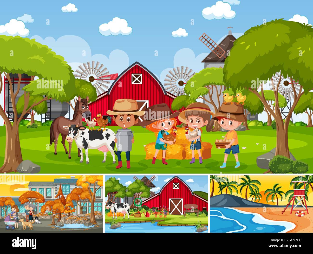 Four different scenes with children cartoon character illustration ...