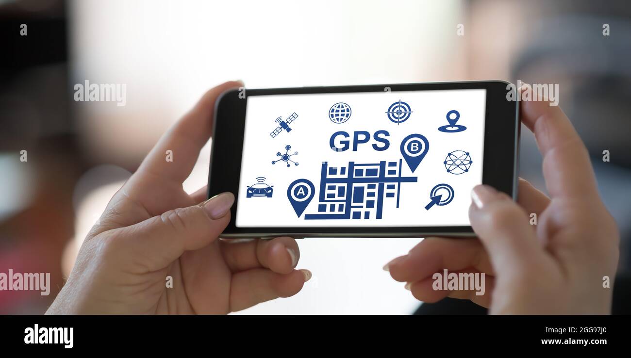 Hand holding a smartphone with gps concept Stock Photo - Alamy