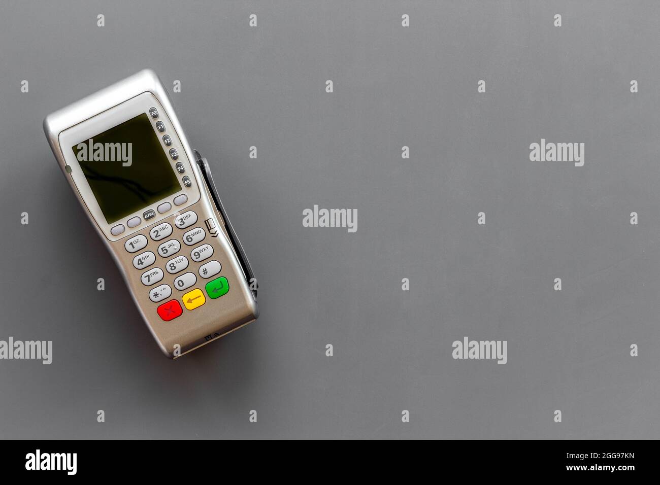 Pos credit card terminal, top view. Payment transactions concept Stock ...