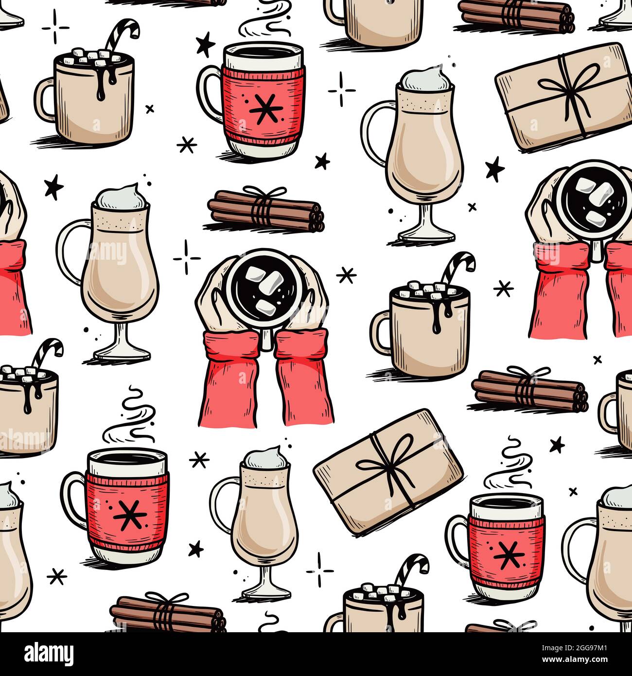 Christmas pattern with hot drink of winter coffee, tea, chocolate. Hand ...