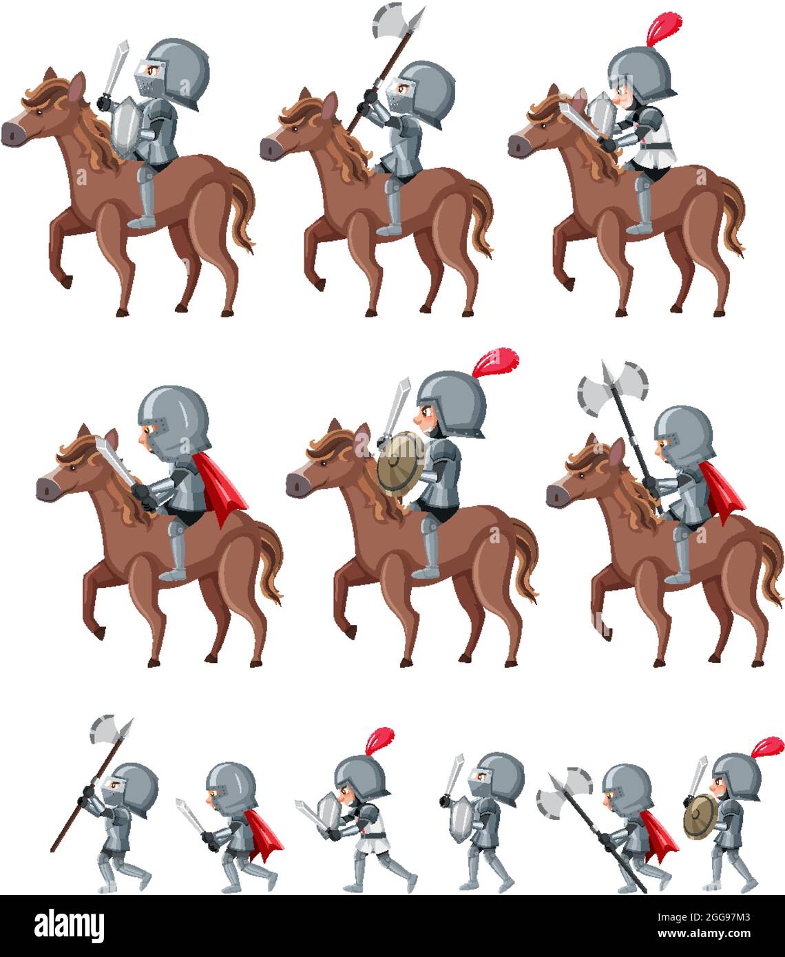 Set of knight cartoon character on white background illustration Stock ...