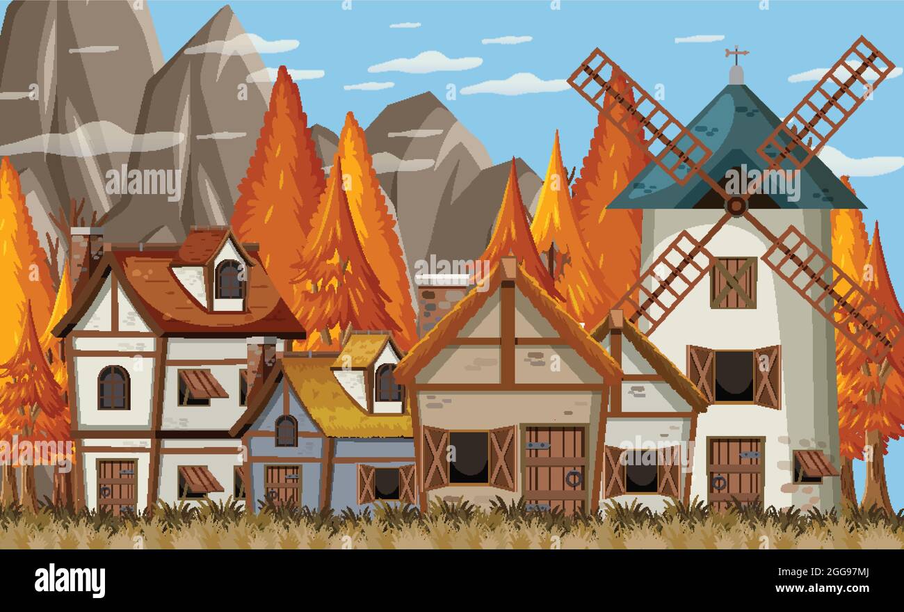 Medieval village scene with windmill and houses illustration Stock ...