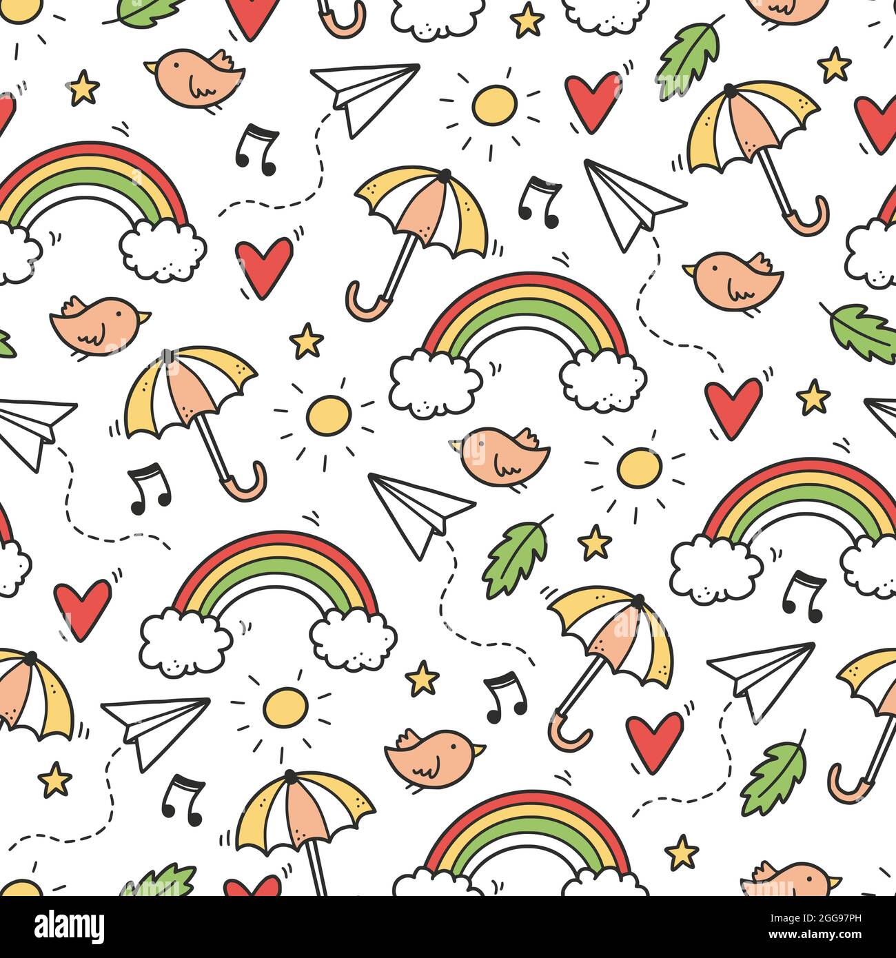 Cute seamless doodle pattern with cloud, rainbow, umbrella, sun, star ...