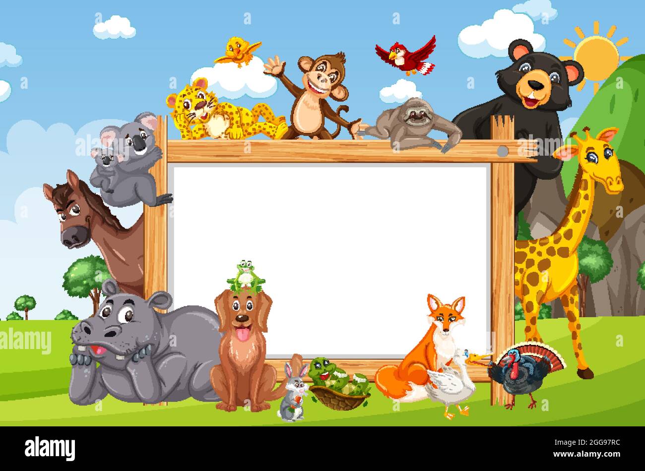 Empty wooden frame with various wild animals in the forest illustration ...