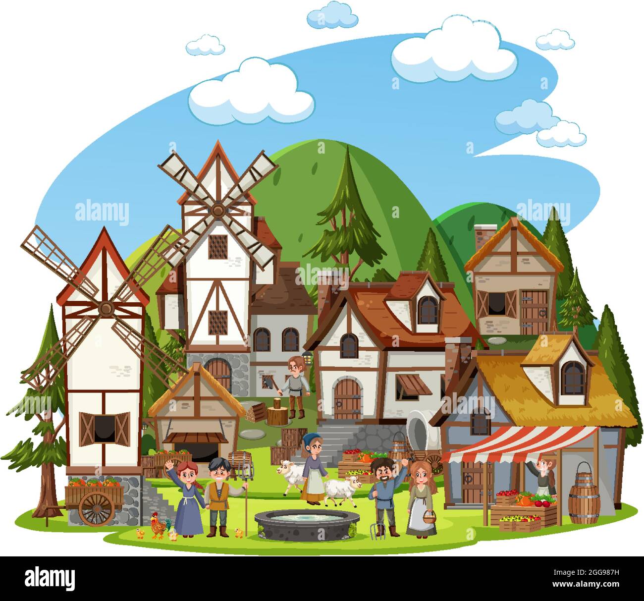 Medieval village with windmill and villagers illustration Stock Vector ...