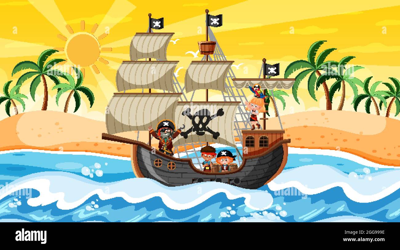 Beach at sunset time scene with pirate kids cartoon character on the ...