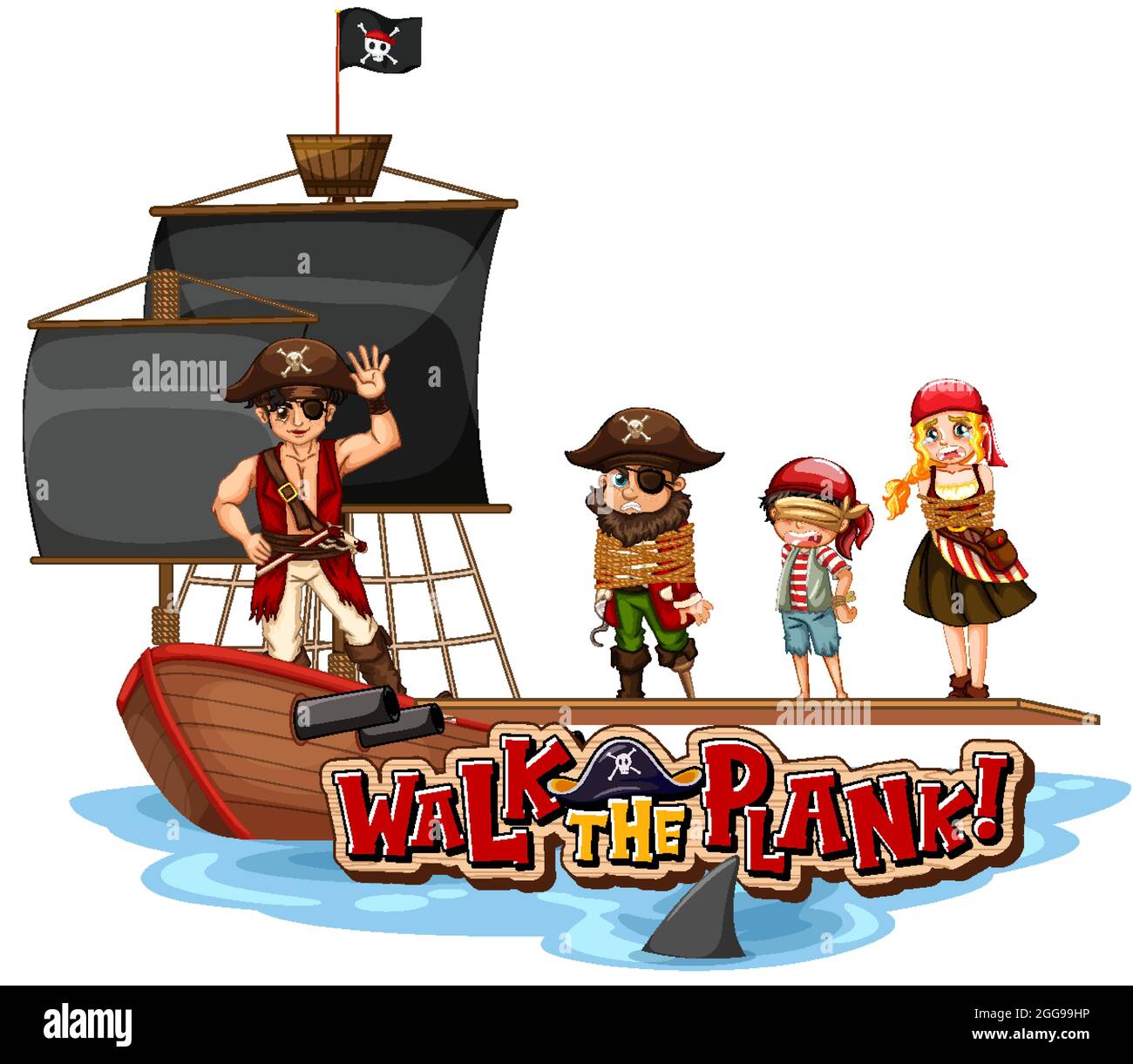 Walk the plank font banner with pirate character on the pirate ship ...
