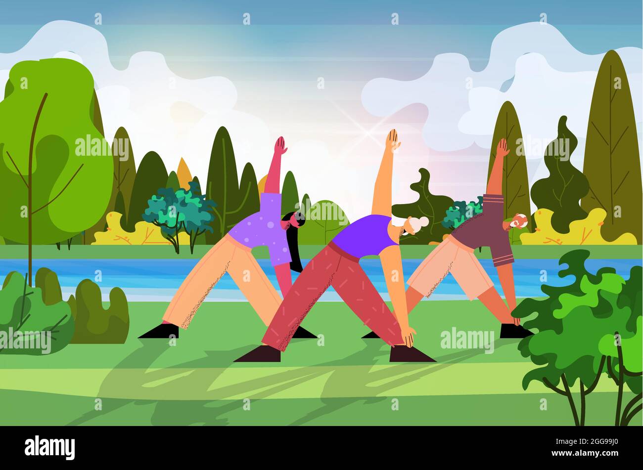 senior people group doing physical exercises in urban park aged men ...