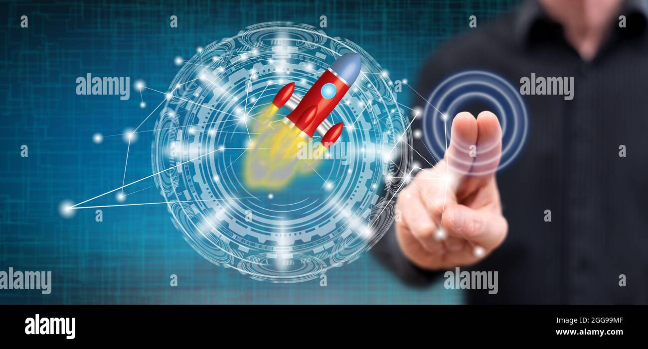 Man touching a high technology startup on a touch screen with his ...