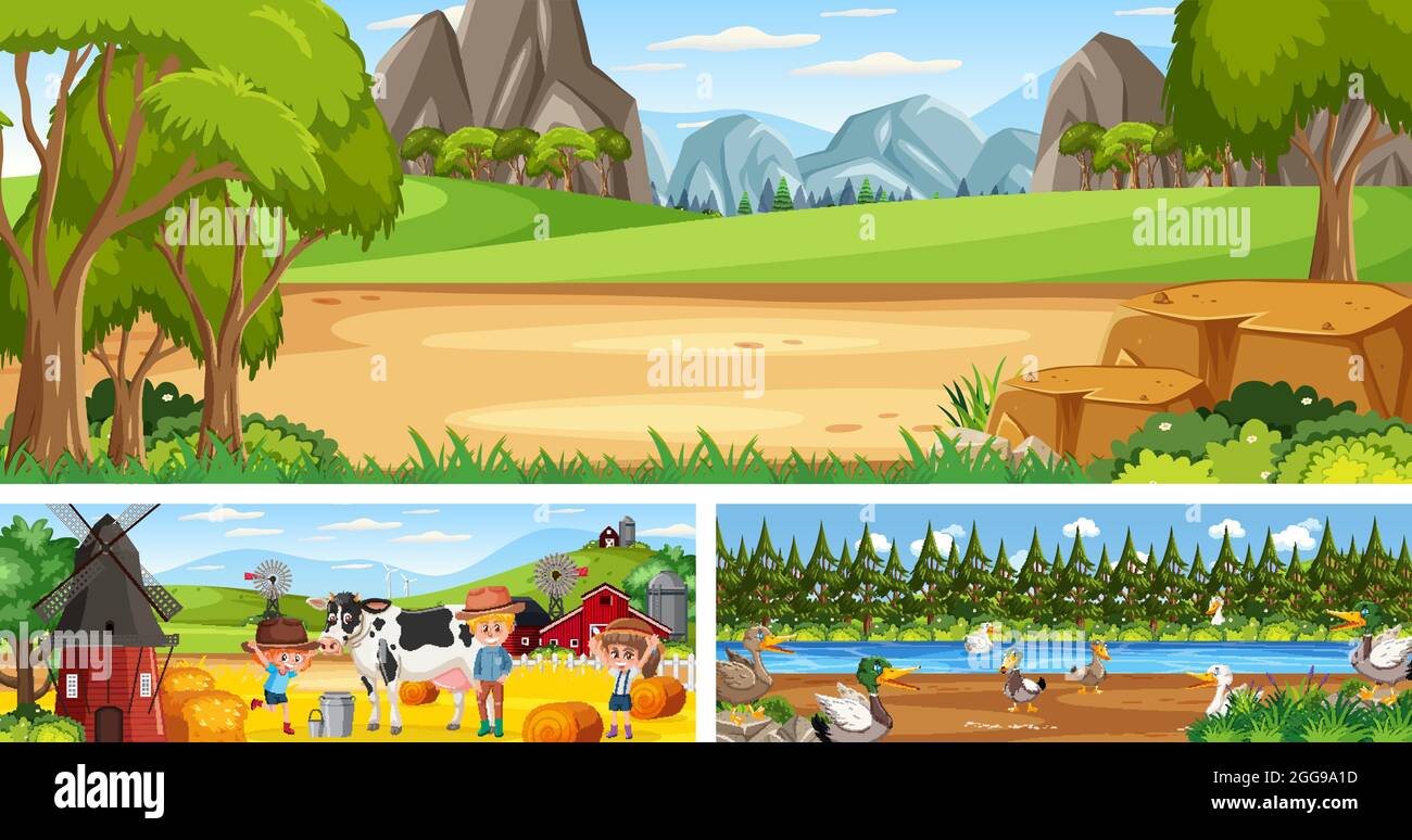 Set of different outdoor landscape scenes with cartoon character ...