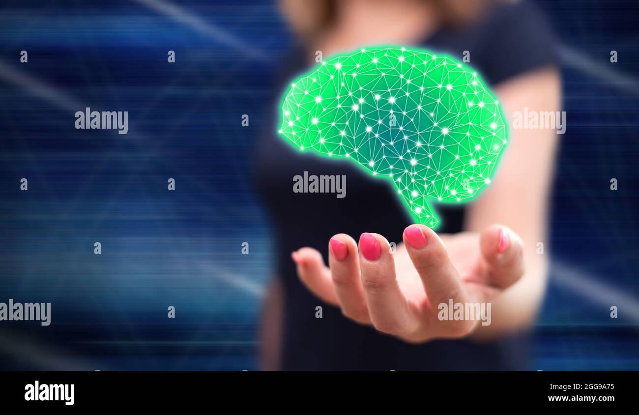 Intelligence concept above the hand of a woman in background Stock ...