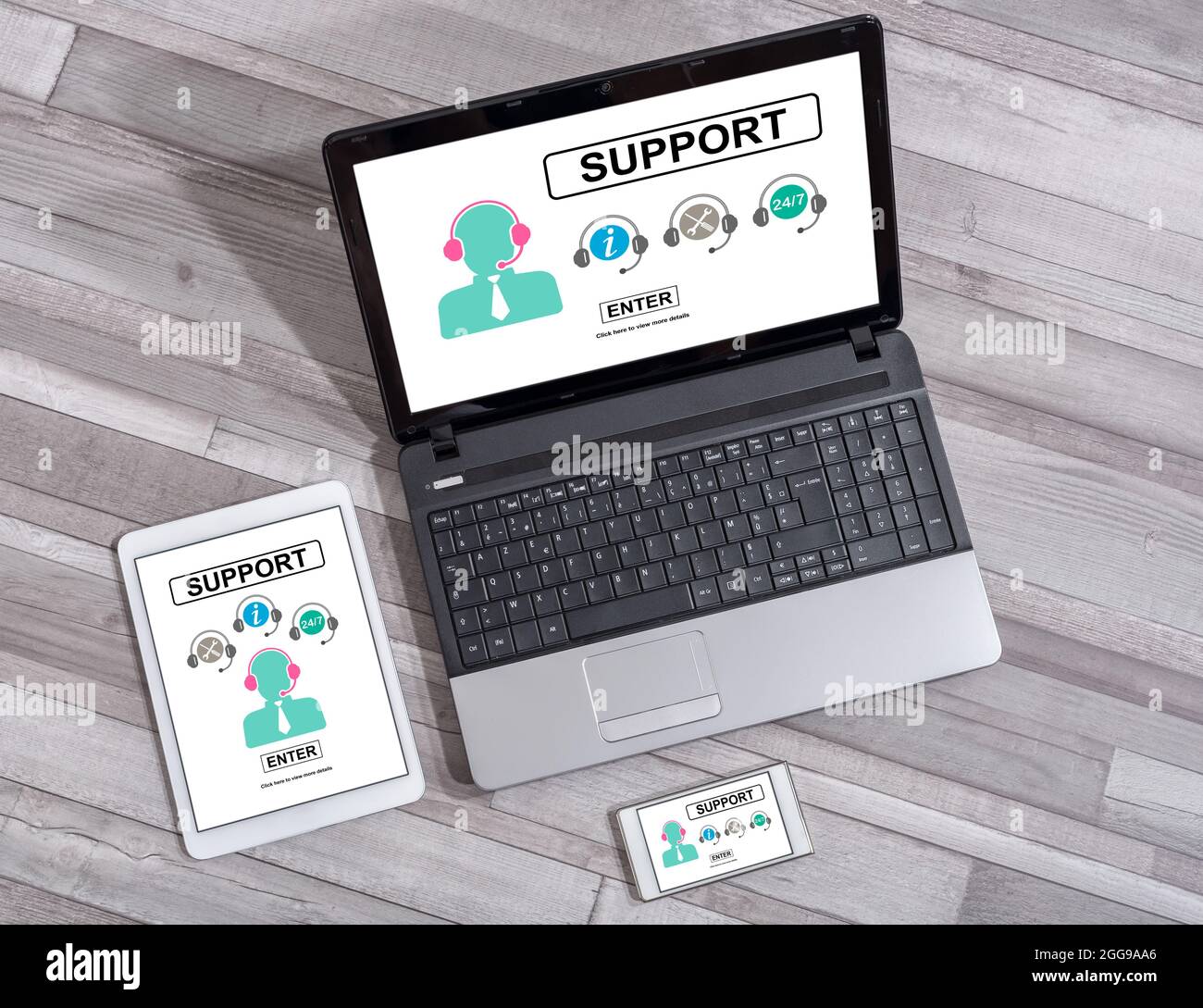 Support concept shown on different information technology devices Stock ...
