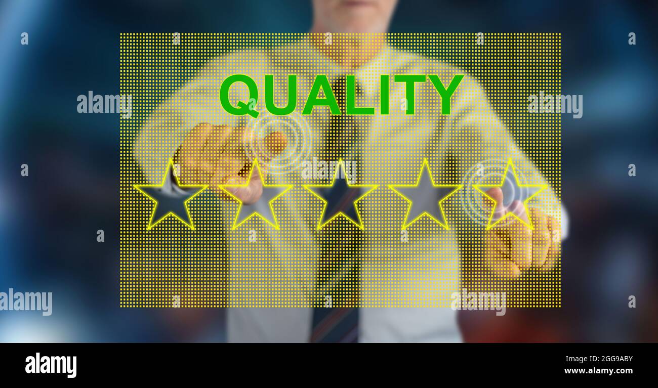 Man touching a quality concept on a touch screen with his fingers Stock ...