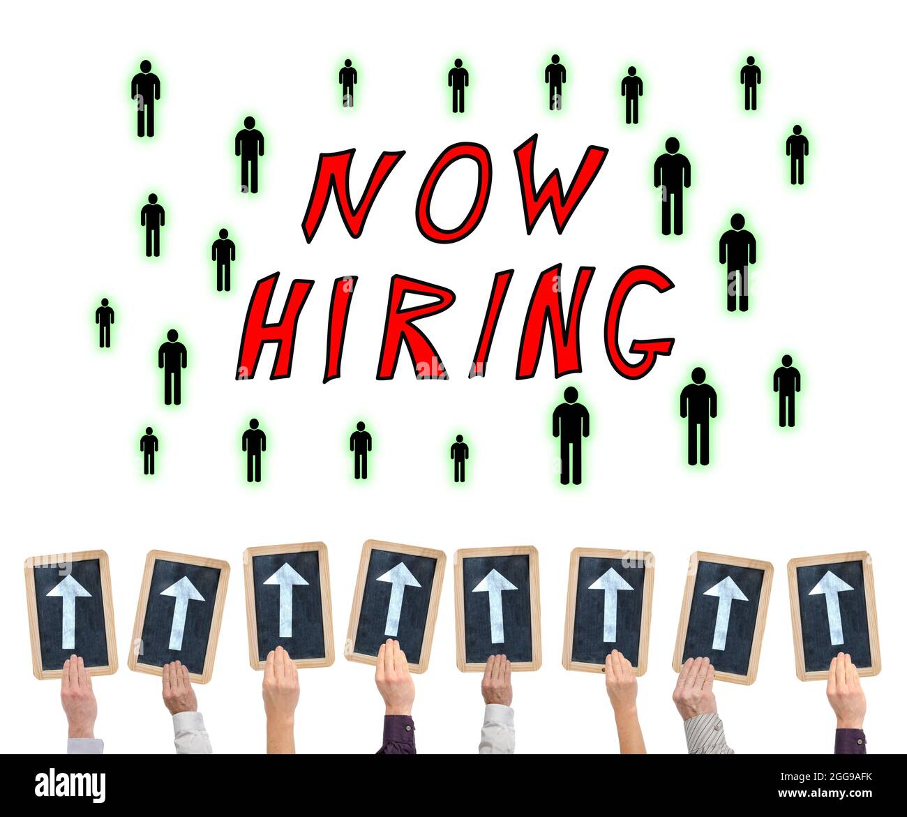 Hands holding writing slates with arrows pointing on hiring concept ...