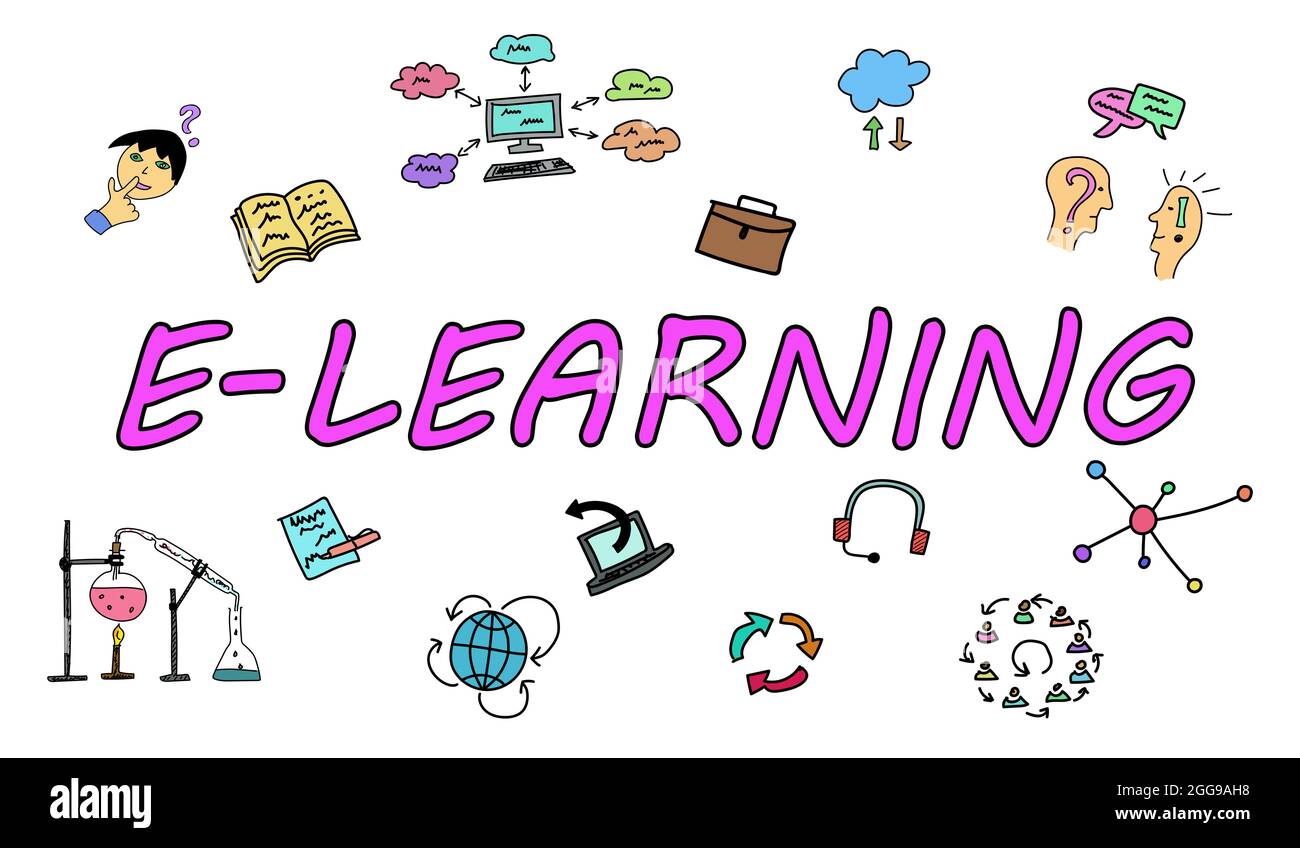 Drawing of e-learning concept on white background Stock Photo - Alamy