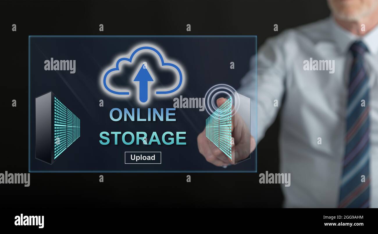 Man touching an online storage concept on a touch screen with his ...