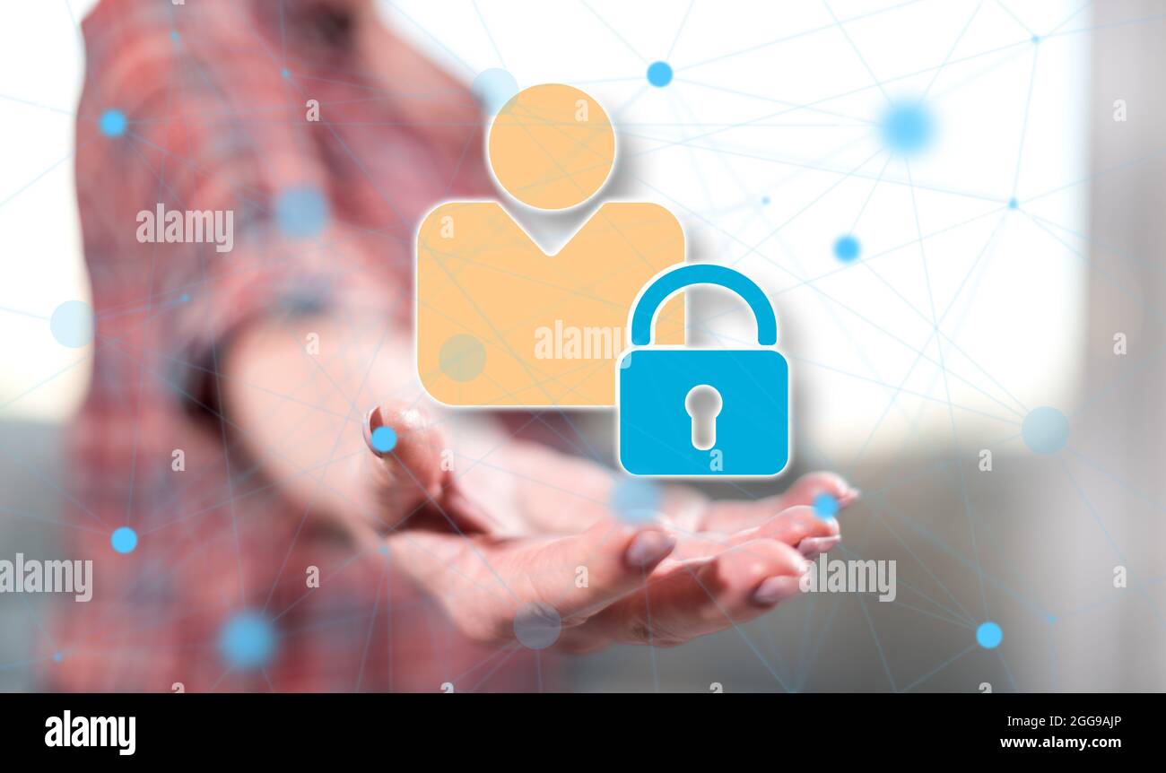 Personal data security concept above the hand of a woman in background ...