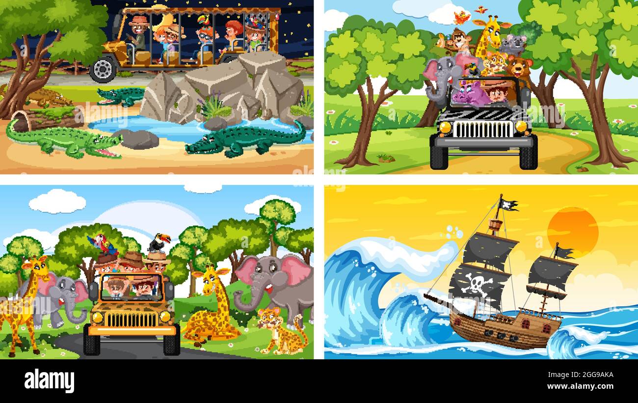 Set of different scenes with animals in the zoo and pirate ship at the ...
