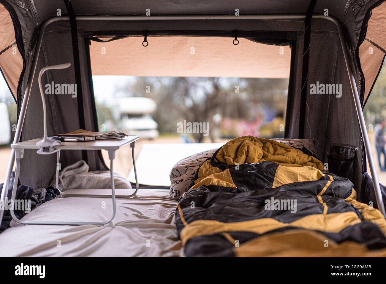 Close up of n inflated bed inside a black off-road camper car Stock ...