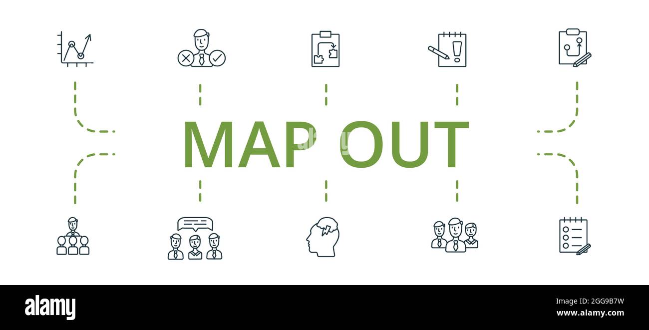 Map Out icon set. Contains editable icons theme such as decision making ...