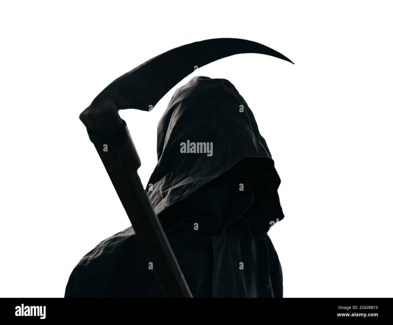 Grim Reaper in a black cloak with a scythe, on a white background Stock ...