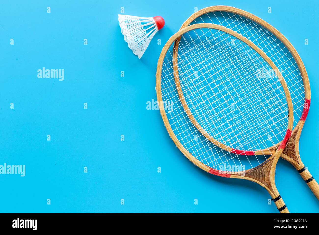 Two rackets and shuttlecock for playing badminton, top view Stock Photo ...