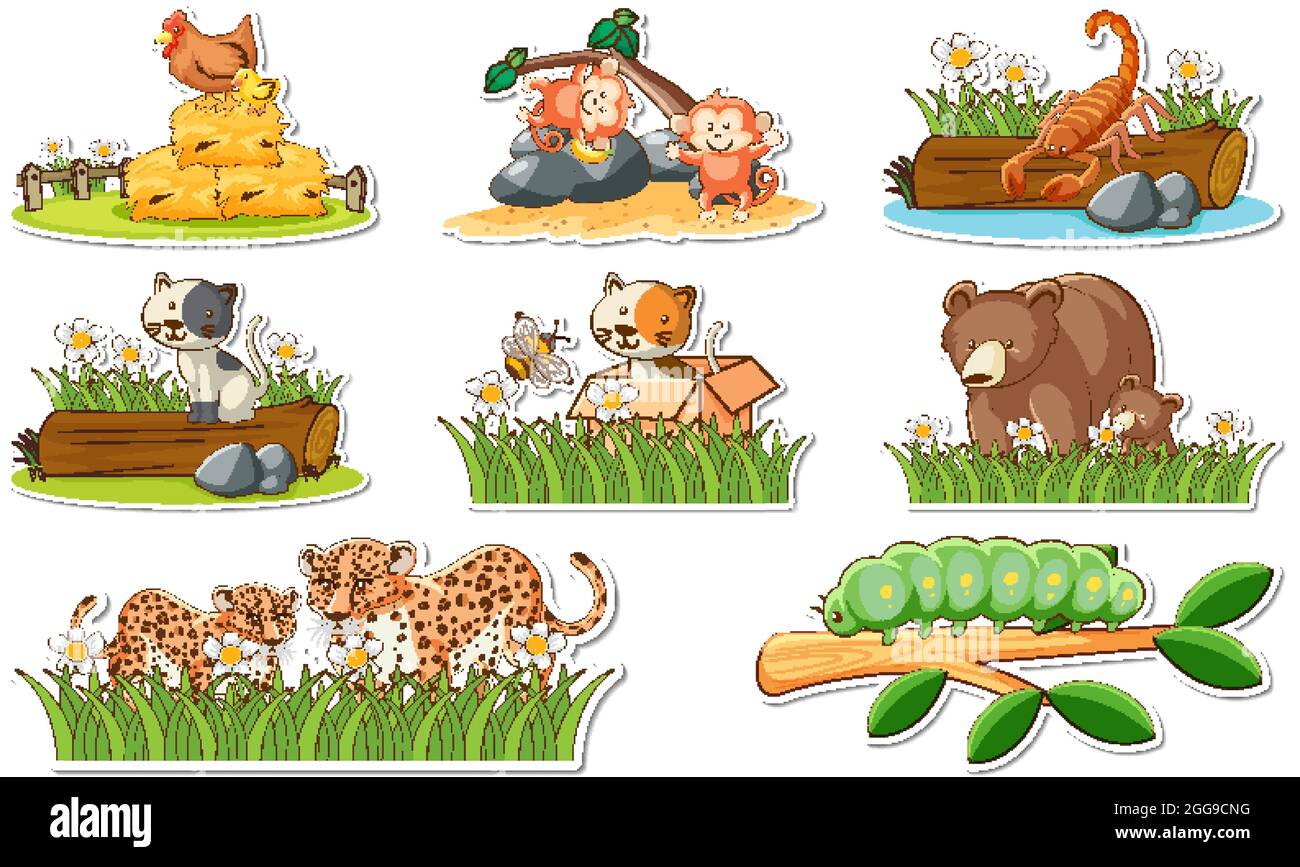 Sticker set with different wild animals and nature elements ...