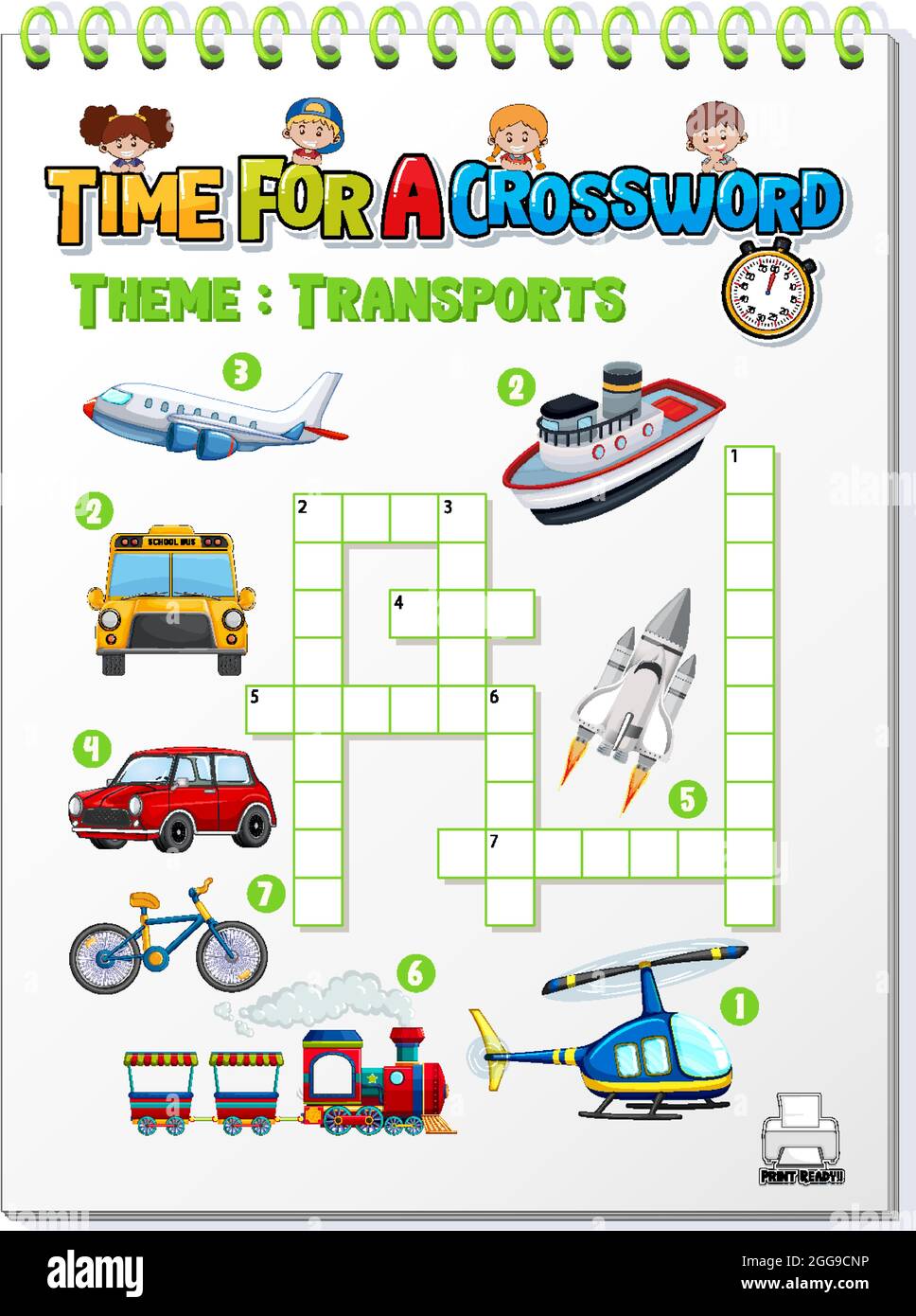 Crossword puzzle game template about transportation illustration Stock ...