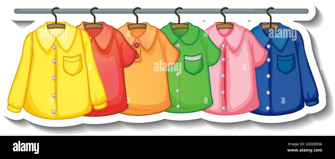 A sticker template of Clothes racks with many clothes on hangers on ...