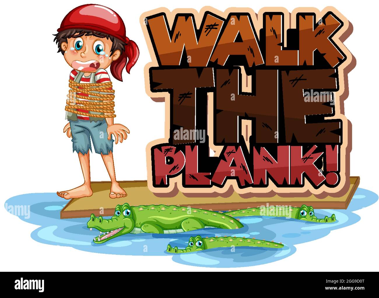 Walk The Plank font banner with a pirate boy on the plank illustration ...