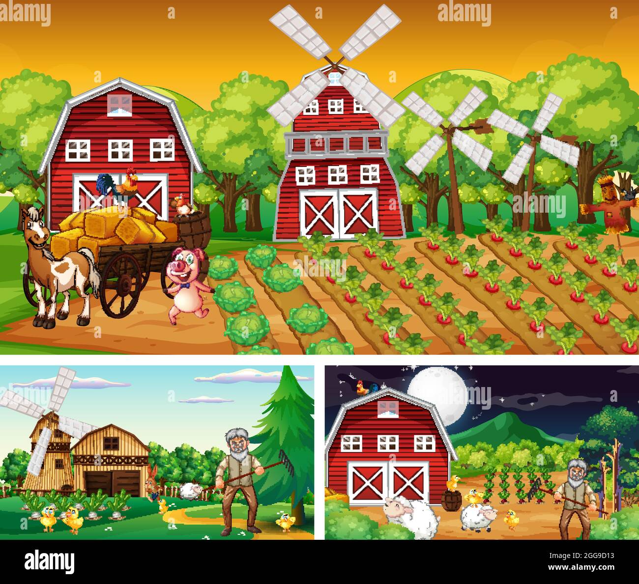 Set of farm scenes at different times illustration Stock Vector Image ...