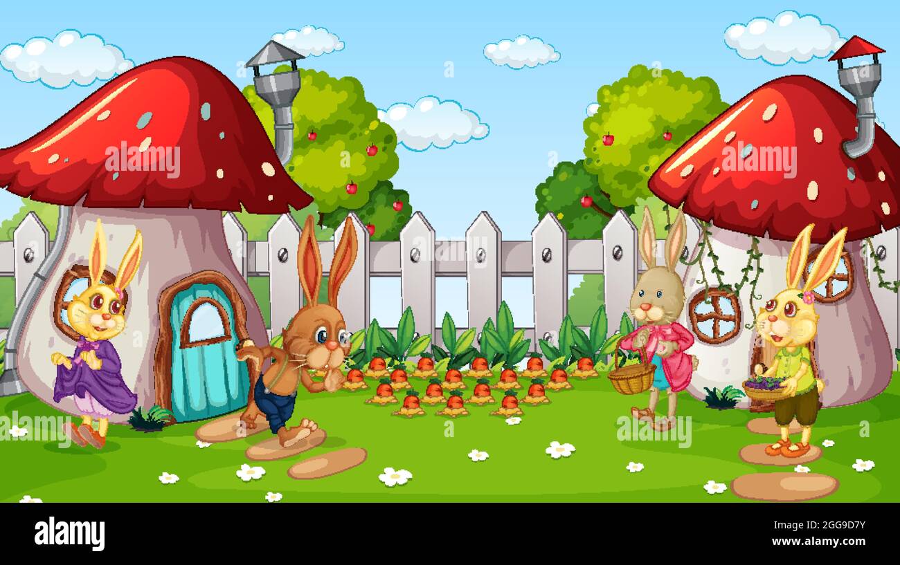 Garden scene with many rabbits cartoon character illustration Stock ...
